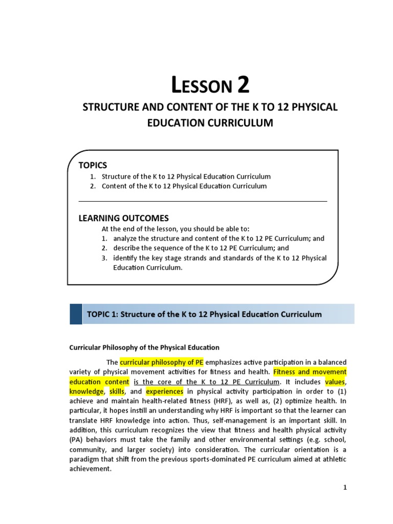 Esson: Structure and Content of The K To 12 Physical Education ...