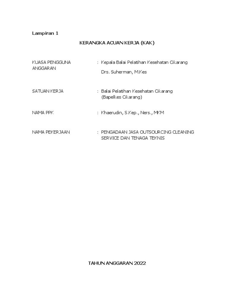 KAK Pengadaan Jasa Outsourcing Cleaning Service Dan Tenaga Teknis | PDF