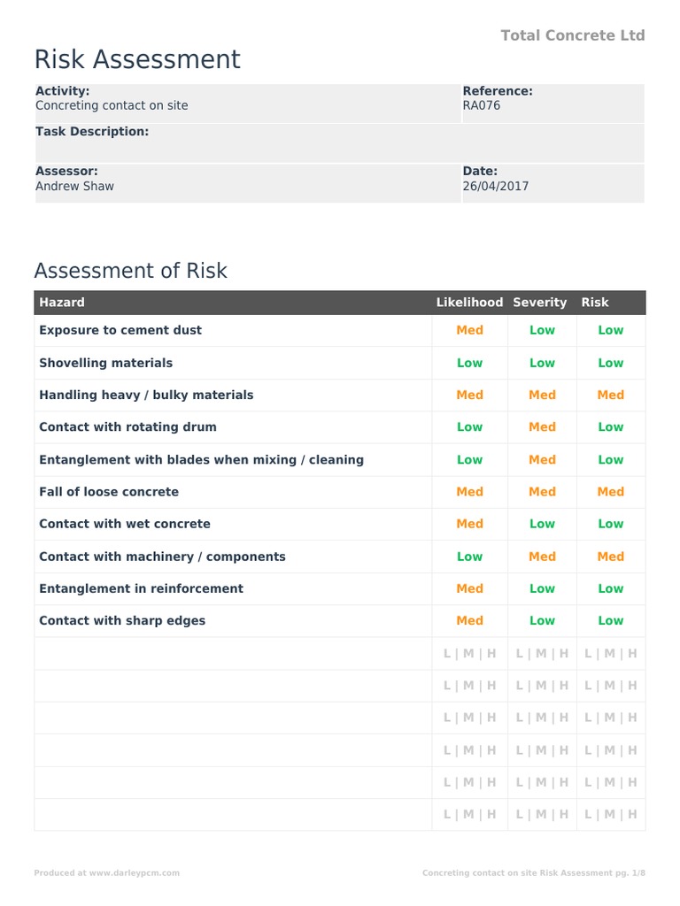 Risk Assessment | PDF | Concrete | Workplace