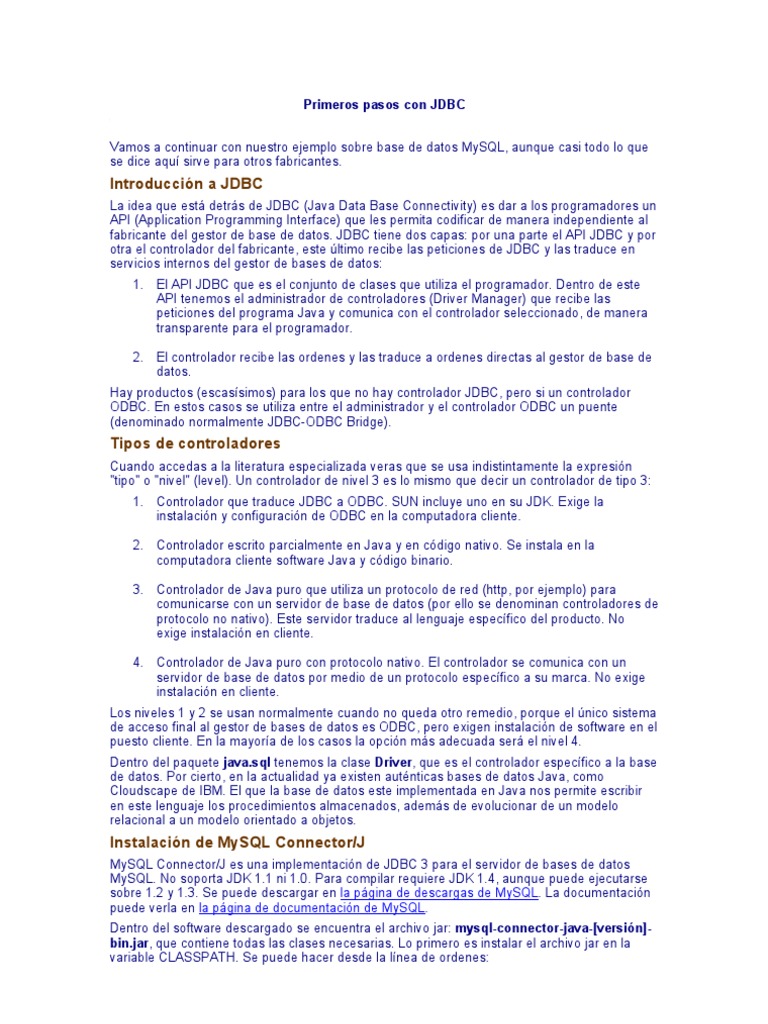 Primeros Pasos Con JDBC | PDF | Java (lenguaje de programación) | Servlet Java