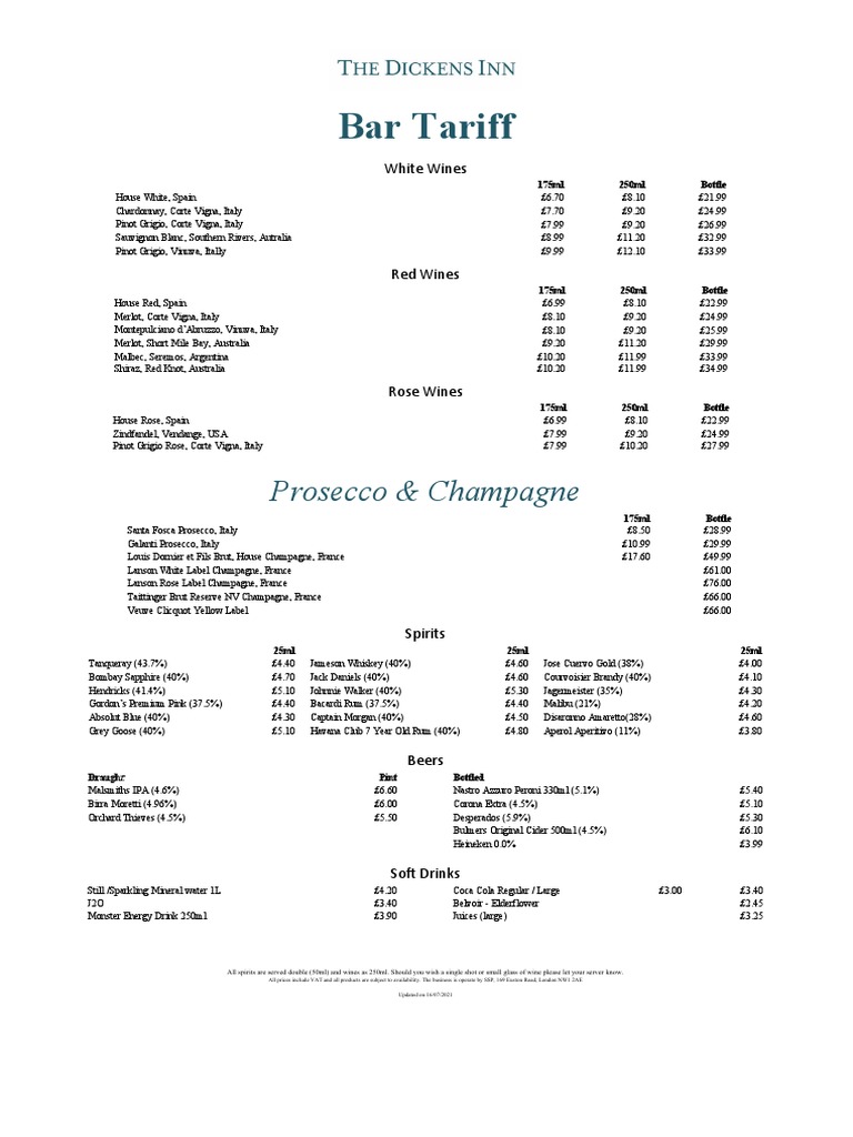 Bar Tariff - Function - AUG2021 | PDF | Champagne | Rose