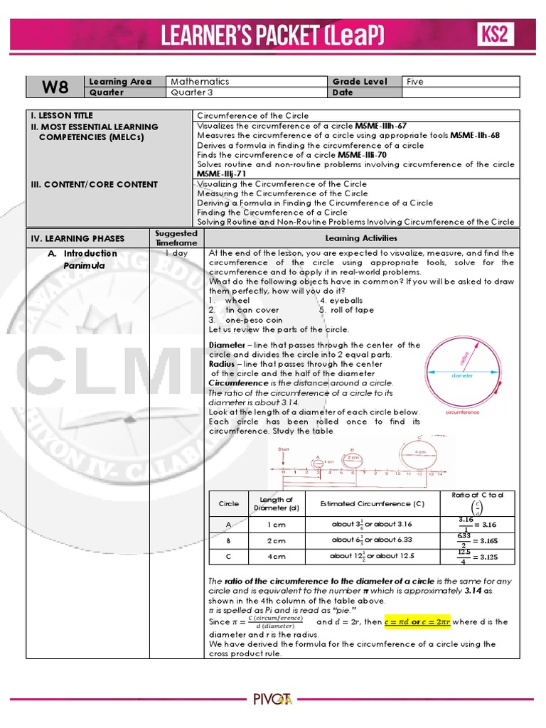 LeaP Math G5 Week 8 Q3 | PDF | Circle | Pi