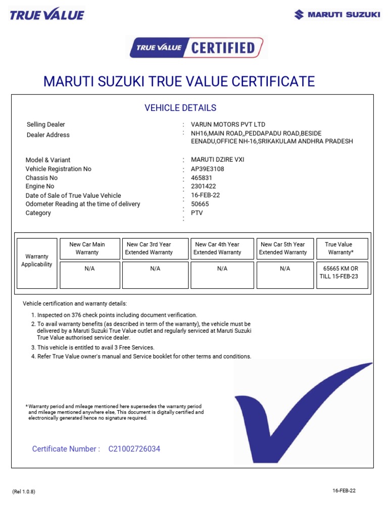 Maruti Suzuki True Value Certificate: Vehicle Details | PDF | Car ...