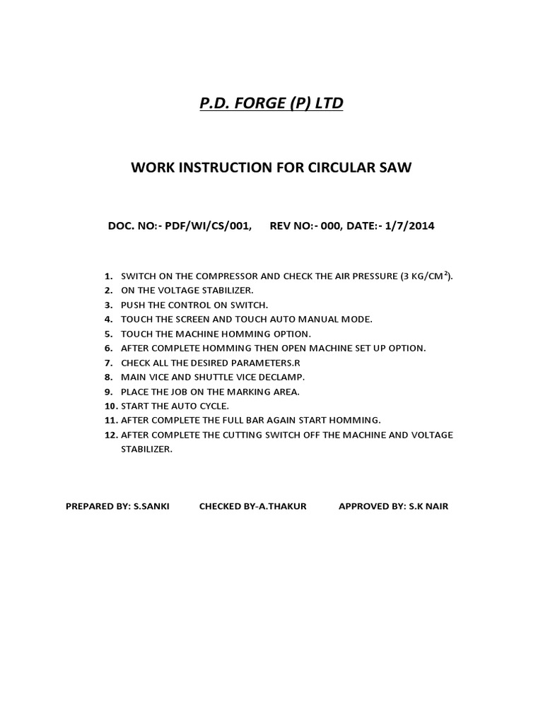 Work Instructions for P.D. Forge Machines | PDF | Switch | Grinding ...