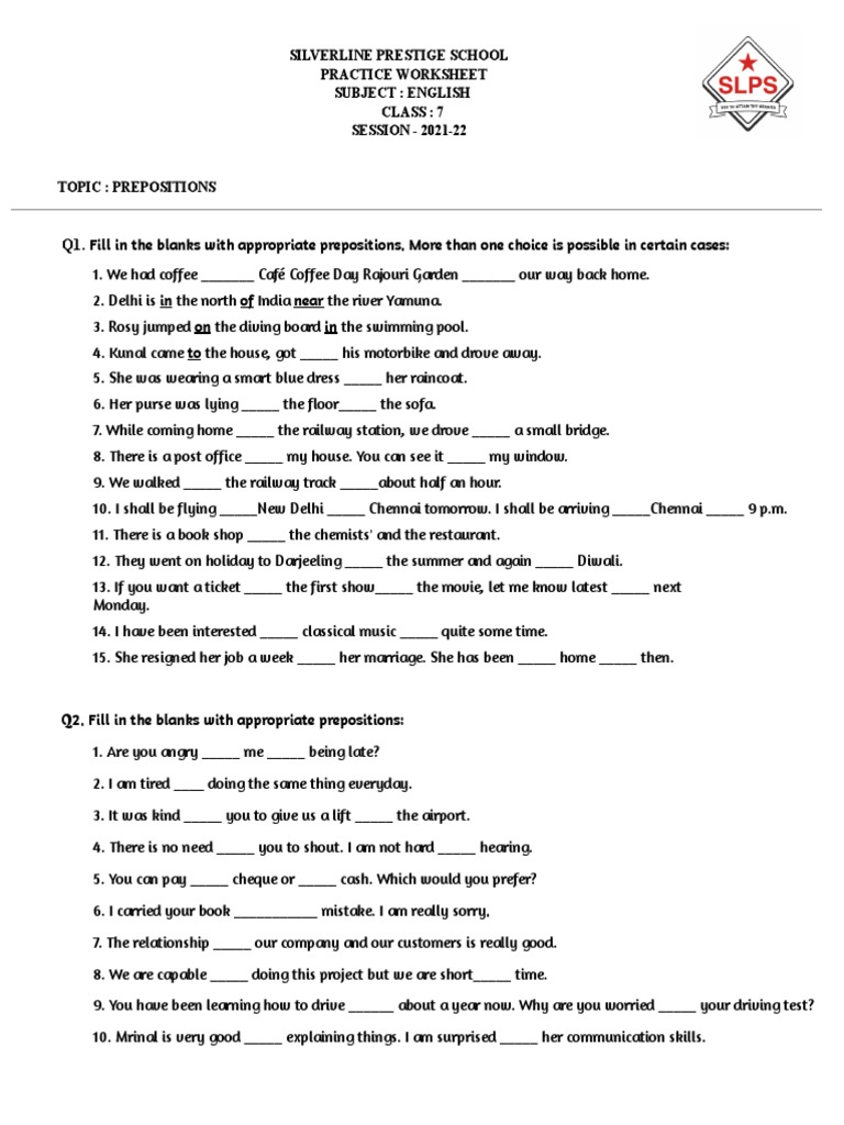 Pavni Chugh - Class 7 - Prepositions - Worksheet | PDF