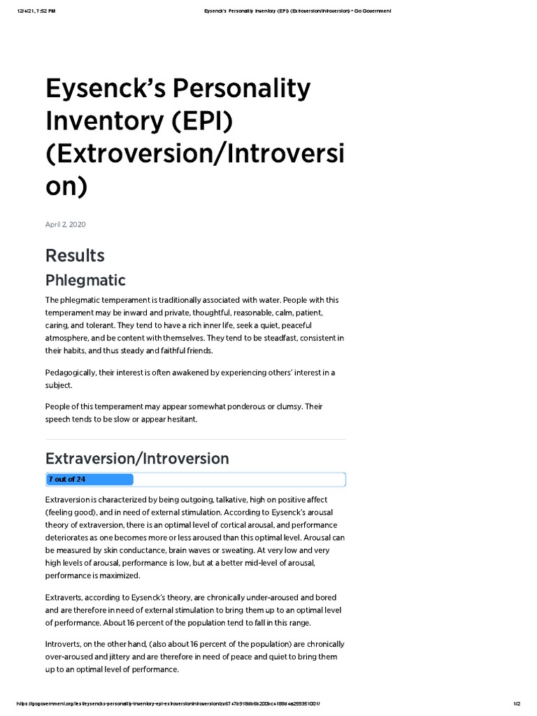 Eysenck's Personality Inventory (EPI) (Extroversion/Introversi On ...