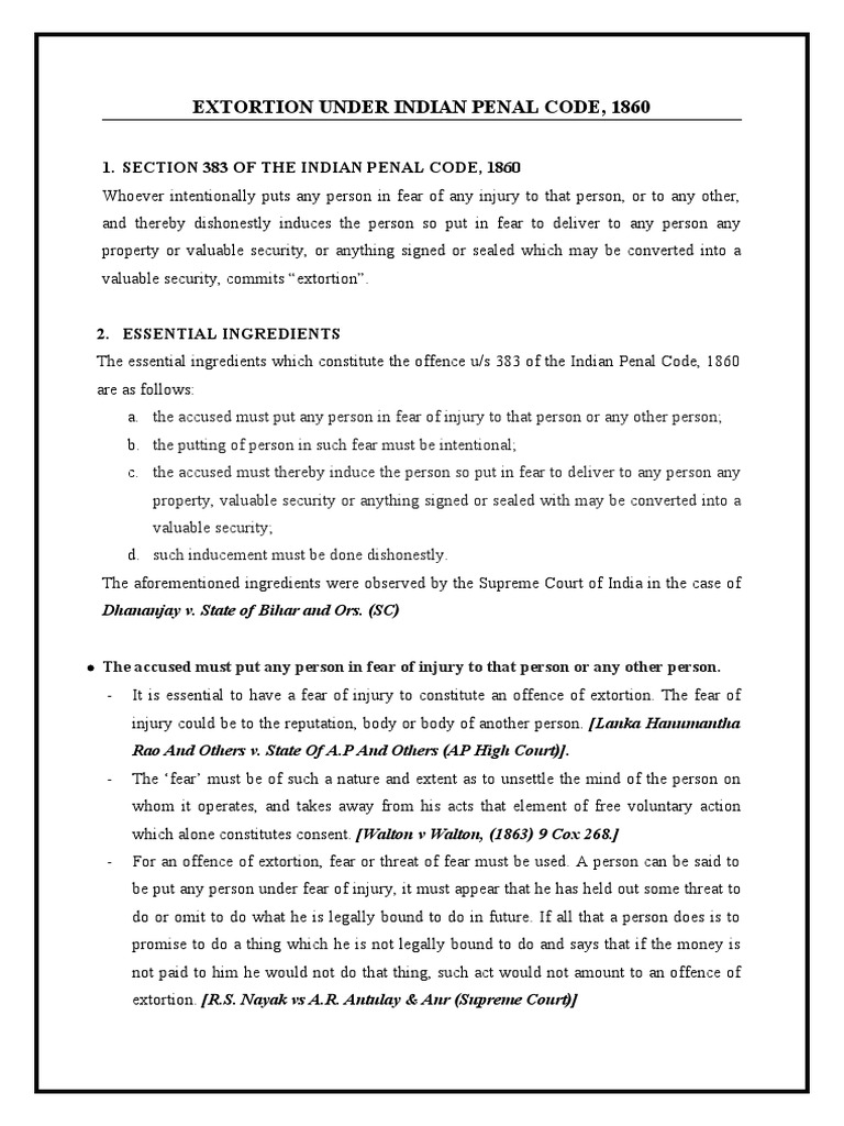 Research Note - Extortions & Criminal Intimidation Under IPC | PDF ...