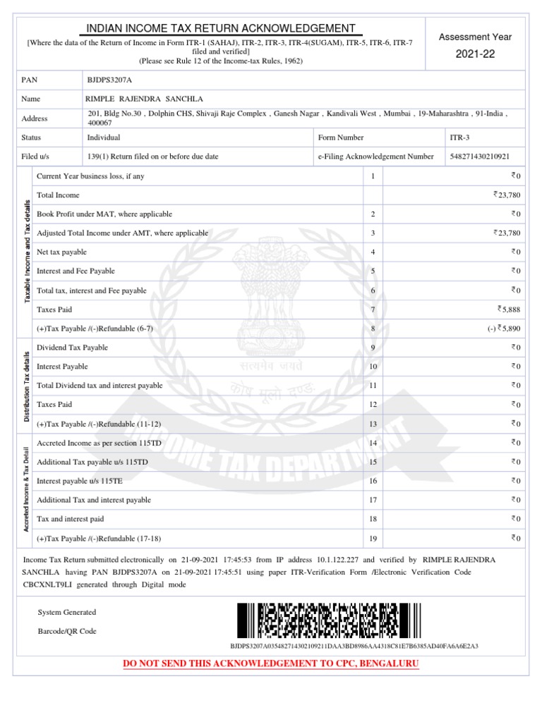 ITR Acknowledgement AY 21-22 | PDF | Taxation | Public Finance