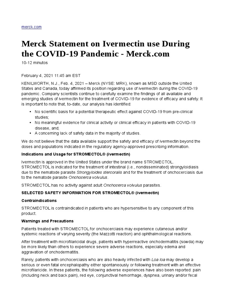 Merck Statement On Ivermectin Use During: Indications and Usage For ...