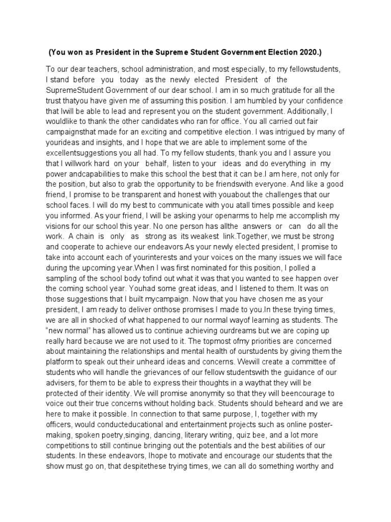 Newly Elected SSLG President's Speech | PDF | Wellness