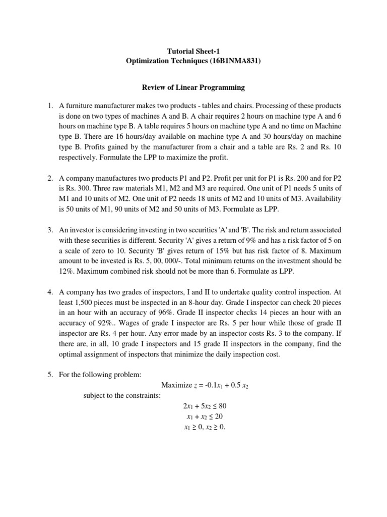 Tutorial Sheet-1 Optimization Techniques (16B1NMA831) | PDF ...