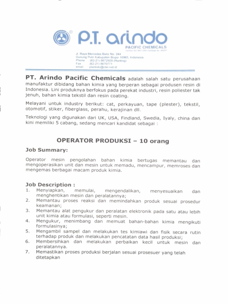 Loker PT ARINDO Pacific Chemicals | PDF