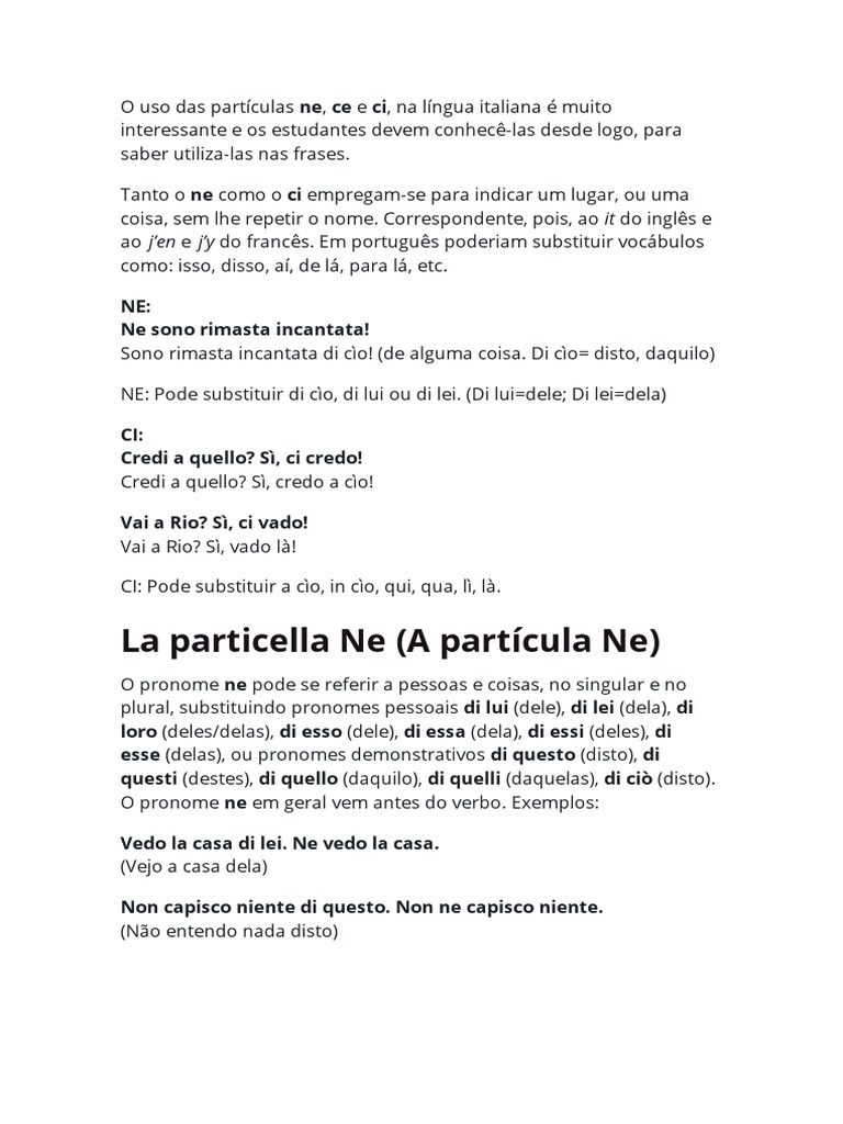 Uso das Partículas Ne e Ci em Italiano | PDF | Pronome | Assunto ...