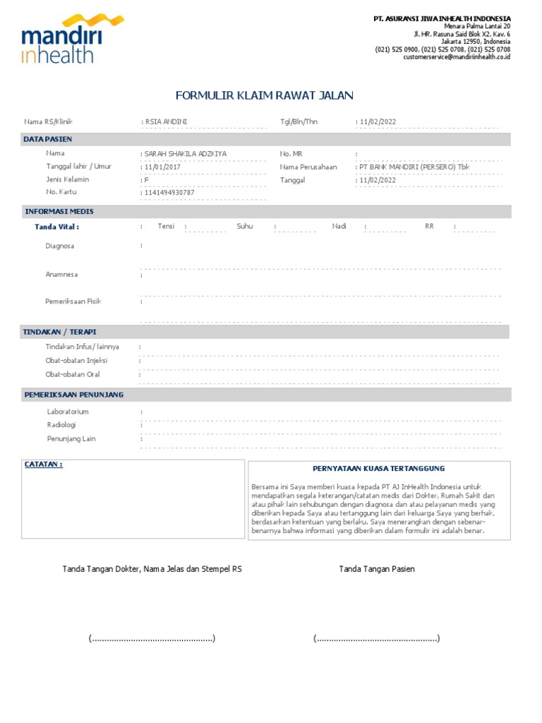 Formulir Klaim Medis RSIA Andini | PDF
