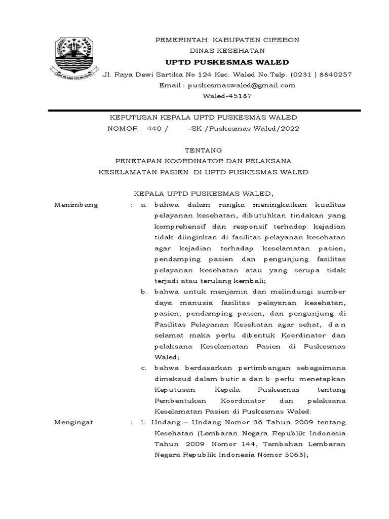 Koordinator Keselamatan Pasien Puskesmas Waled | PDF