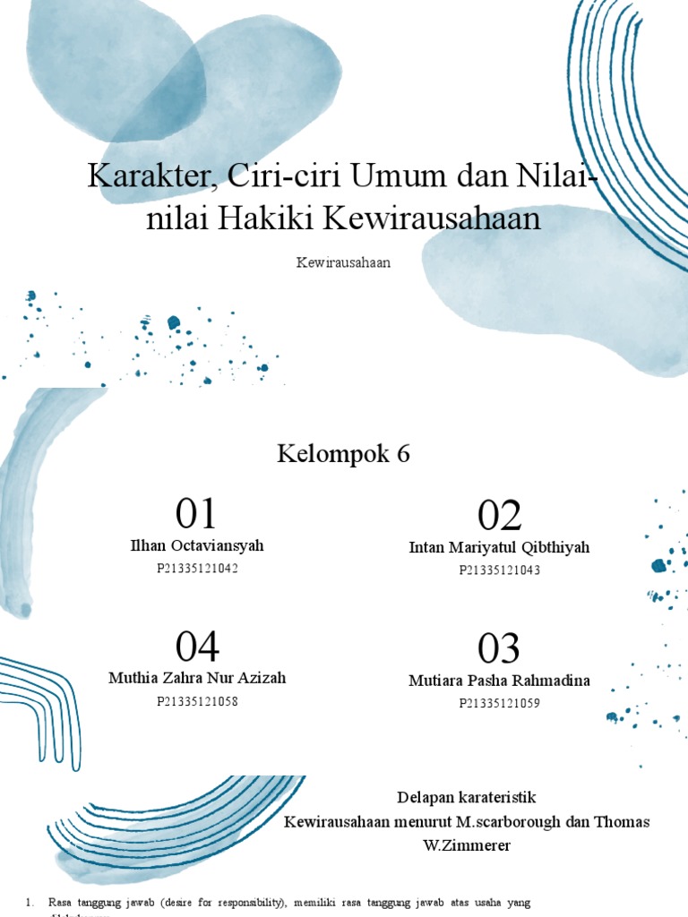 Materi Karakter, Ciri-Ciri Umum Dan Nilai-Nilai Hakiki Kewirausahaan - PPT KWU KEL 6 - 1D4B | PDF