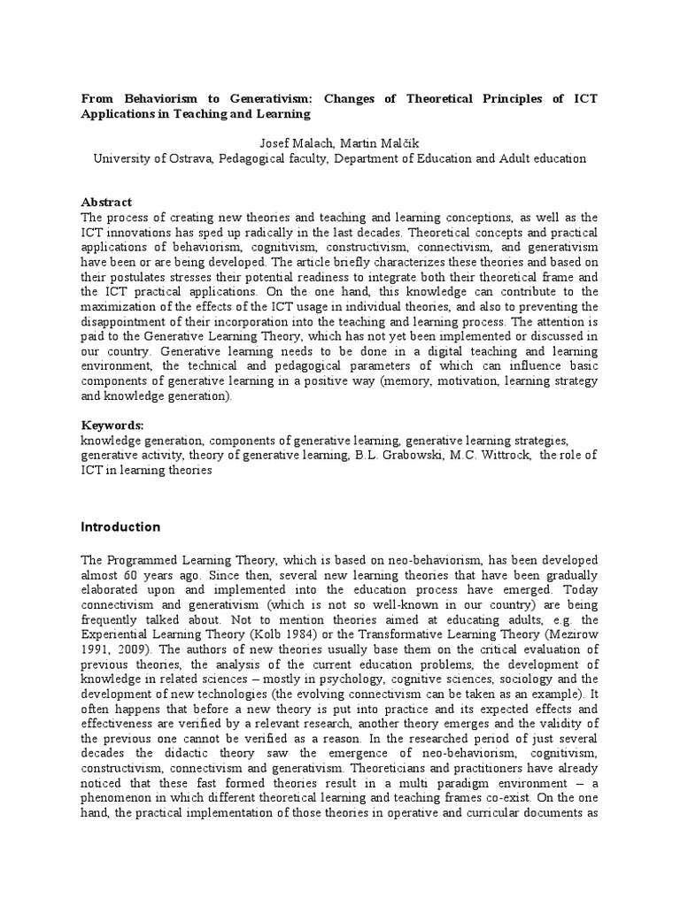 From Behaviorism To Generativism: Changes of Theoretical Principles of ...