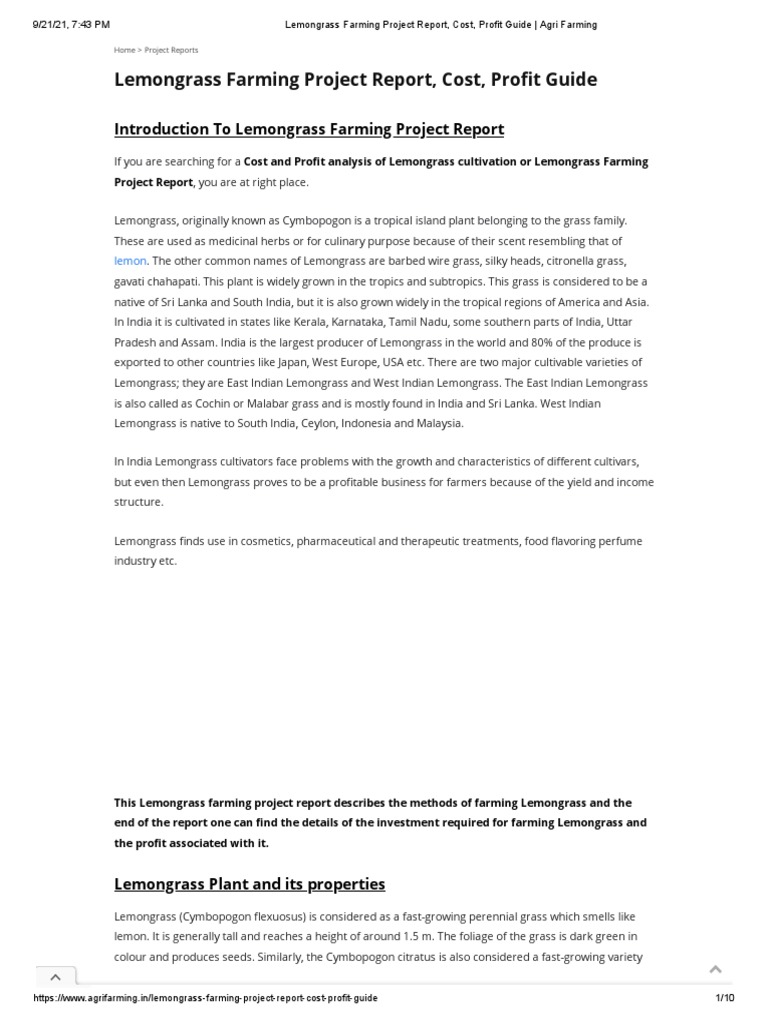 Lemongrass Farming Project Report, Cost, Profit Guide - Agri Farming | PDF | Agriculture | Sowing