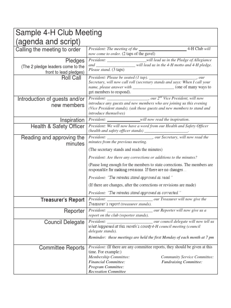 Sample 4-H Club Meeting (Agenda and Script) : Calling The Meeting To ...