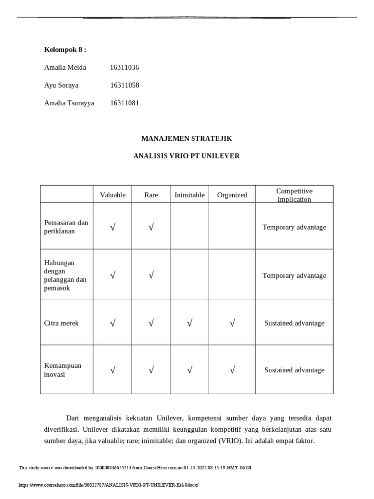 Analisis Vrio PT Unilever Kel 8 | PDF