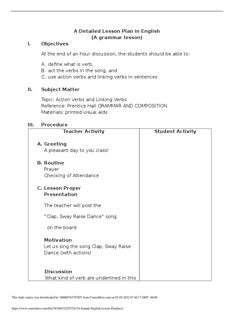 Sample English Lesson Plan | PDF | Verb | Subject (Grammar)
