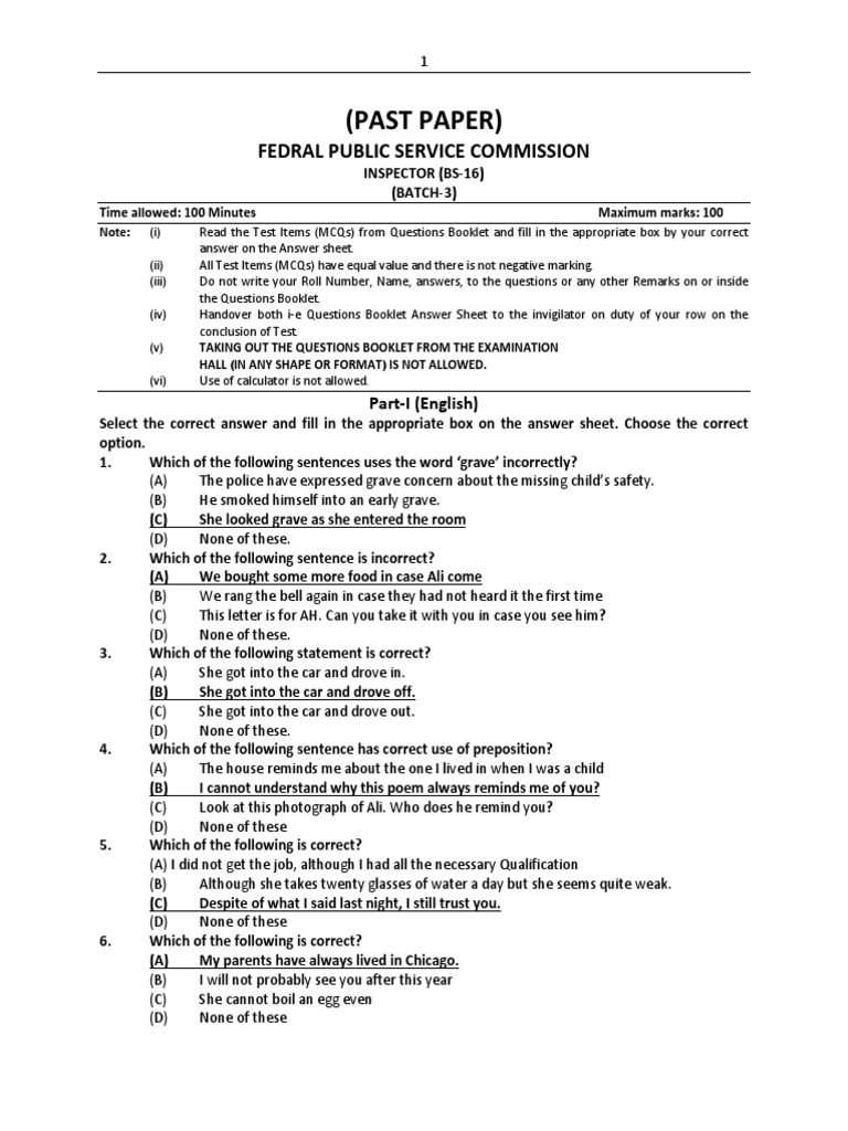 (Past Paper) : Fedral Public Service Commission | PDF | Multiple Choice