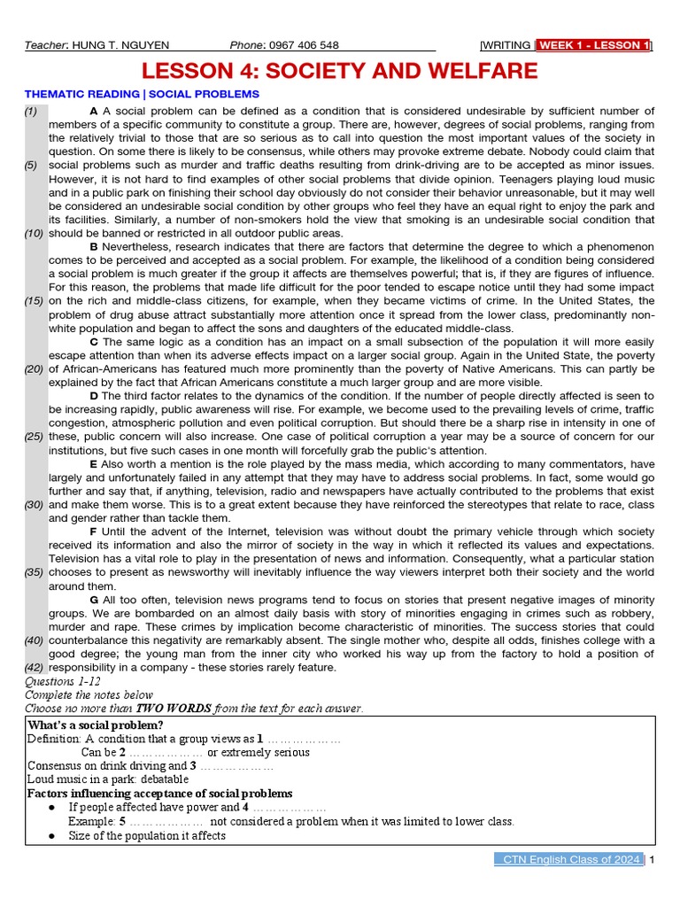 Lesson 4: Society and Welfare: Thematic Reading - Social Problems | PDF ...