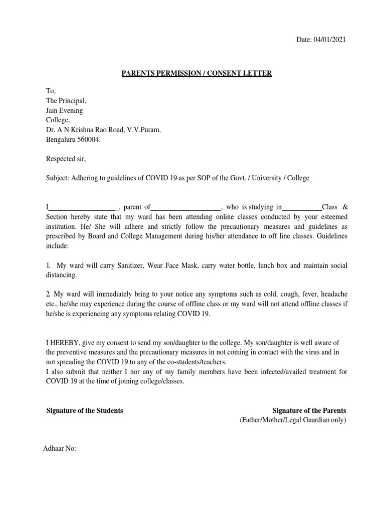 Concent Letter For Offline Classes | PDF