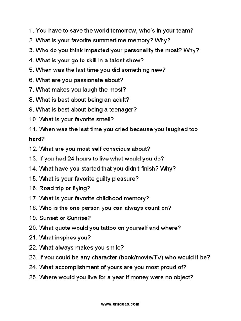 50 ESL Conversation Questions For Teenagers and Adults | PDF