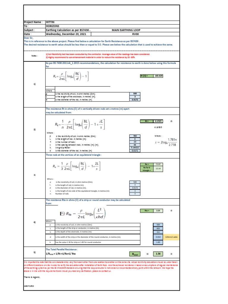 Project Name: To: Subject: Date: Earthing Calculation As Per Bs7430 ...