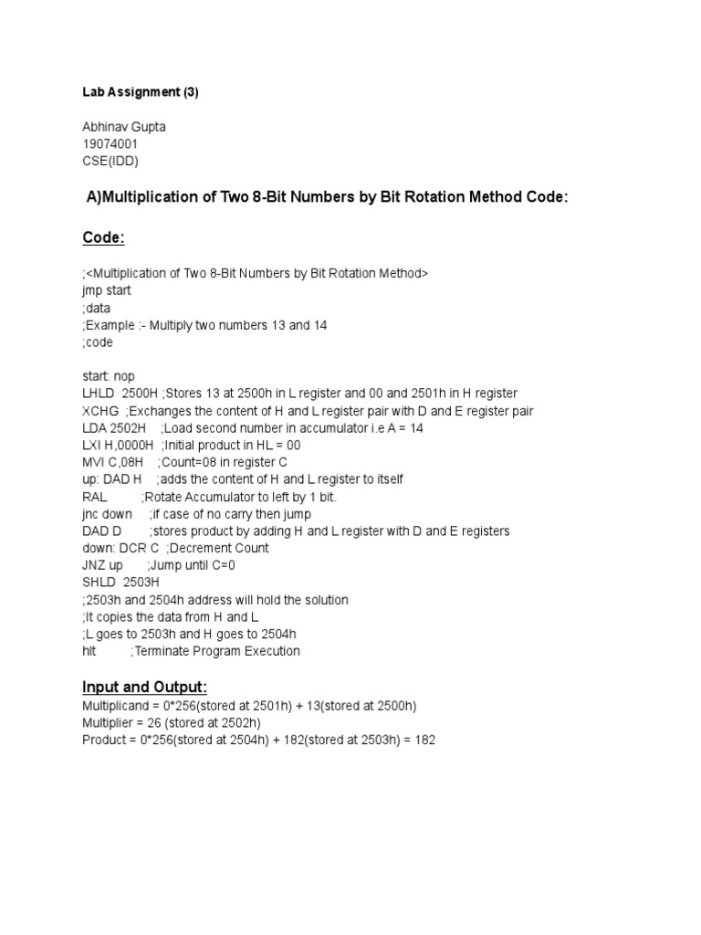 A) Multiplication of Two 8-Bit Numbers by Bit Rotation Method Code ...
