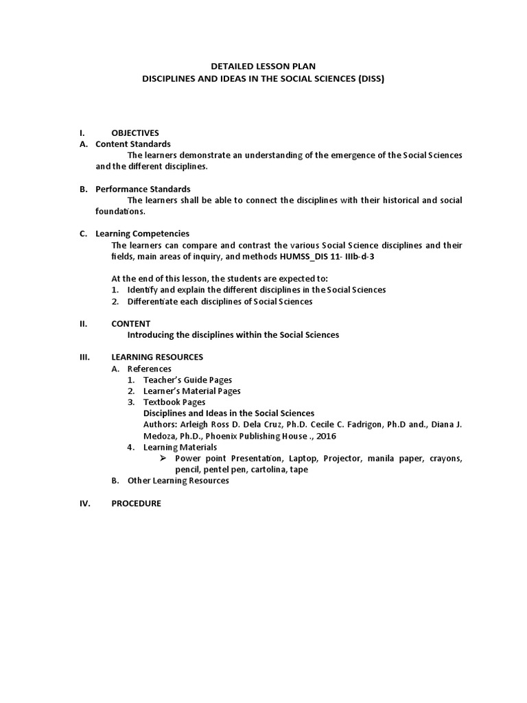Detailed Lesson Plan Disciplines and Ideas in The Social Sciences (Diss ...