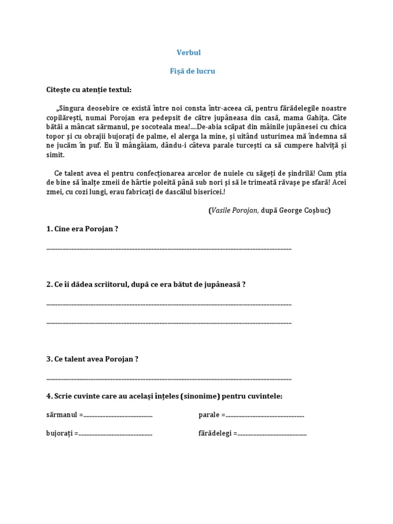 Fisa de Lucru Verbul Clasa A III-a | PDF