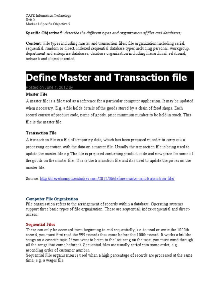 Define Master and Transaction File | PDF | Database Index | Databases
