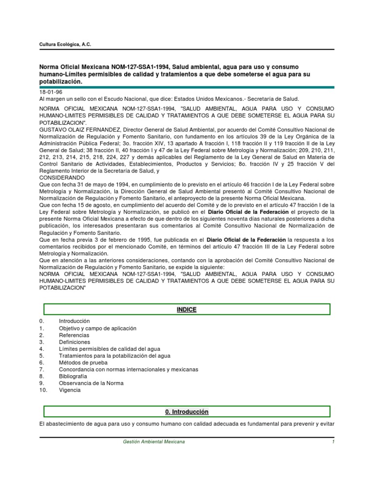 Norma Oficial Mexicana NOM-127-SSA1-1994, Salud Ambiental Agua para Uso y Consumo | PDF | Agua ...