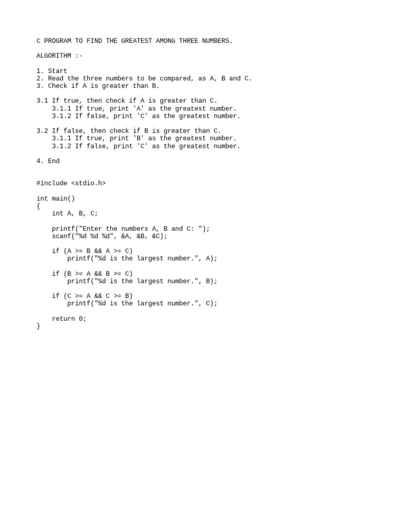 C Program To Find The Greatest Among Three Numbers | PDF | Career ...