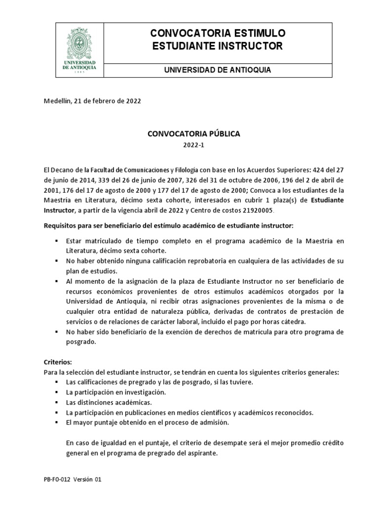Convocatoria Estudiante Instructor-2 PDF | PDF