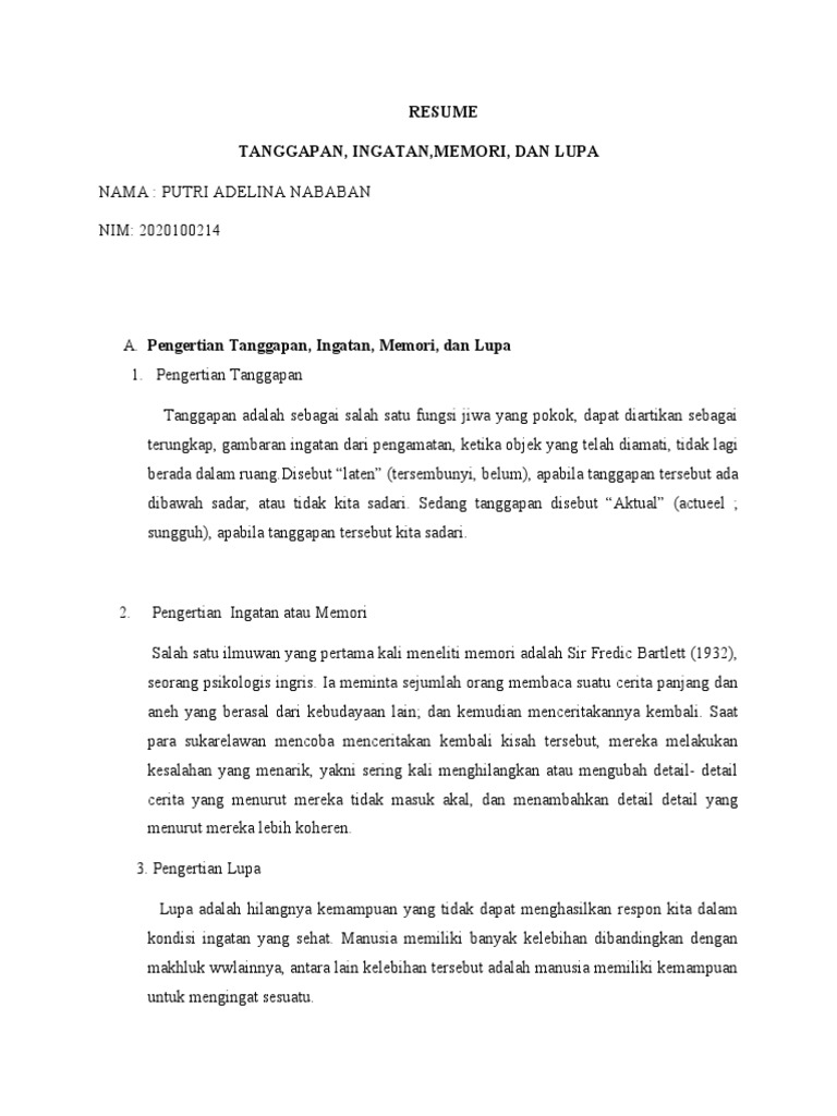 Tanggapan, Ingatan, Memori, Lupa | PDF