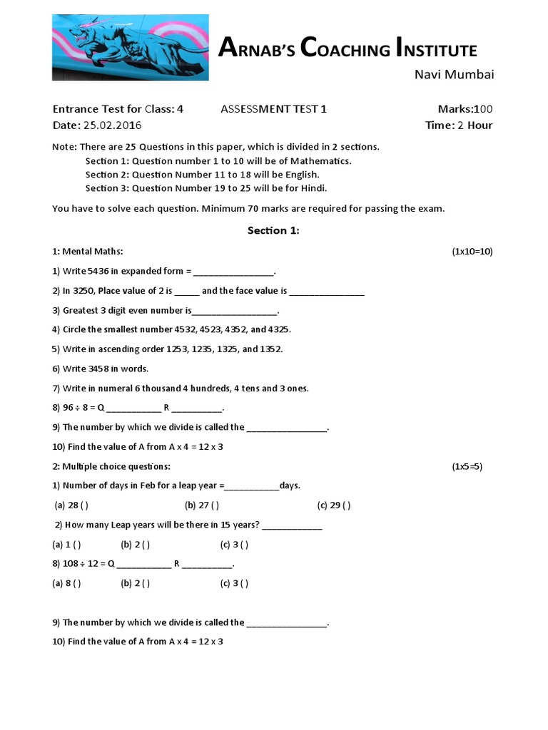 Rnab'S Oaching Nstitute: Entrance Test For Class: 4 Assessment Test 1 ...