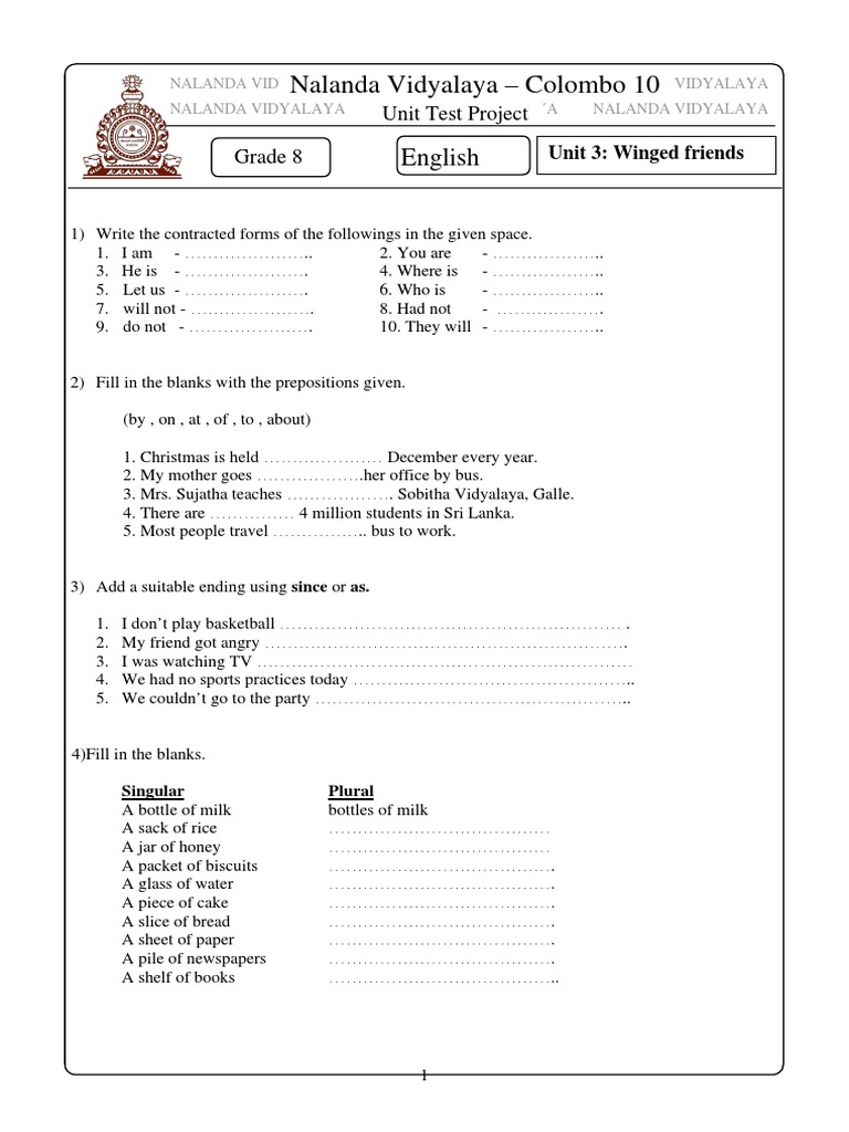 Nalanda Vidyalaya Unit Test Project - Grade 8 English Unit 3: Winged ...
