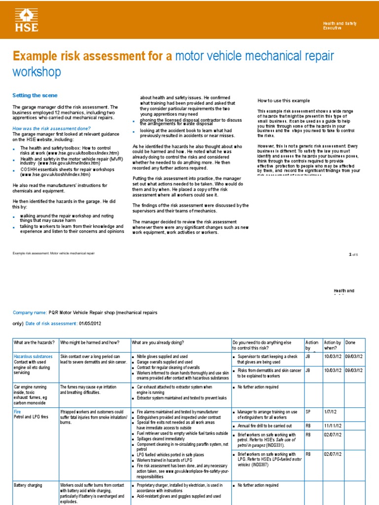 Motor Vehicle Mechanical Repair Workshop: Example Risk Assessment For A ...