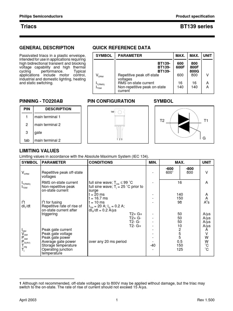 Triacs BT139 Series: General Description Quick Reference Data | PDF ...