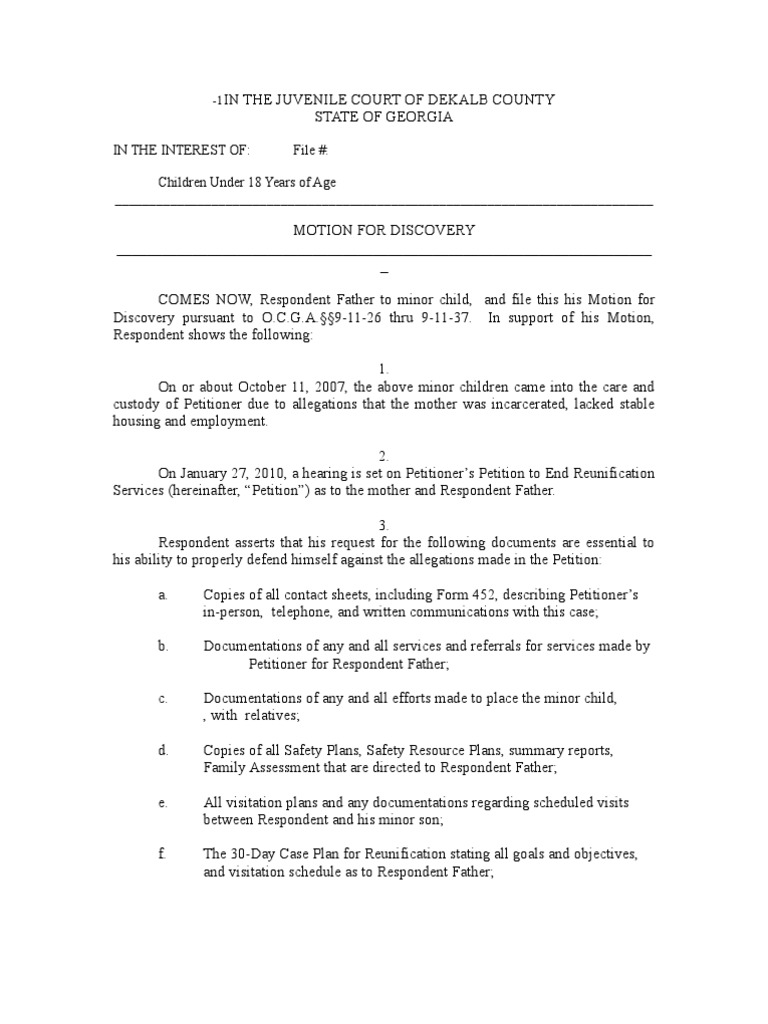 Motion for Discovery in Georgia Juvenile Case | PDF | Witness ...