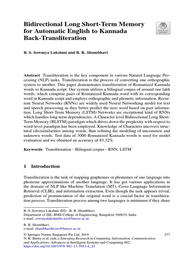 Bidirectional Long Short-Term Memory For Automatic English To Kannada ...