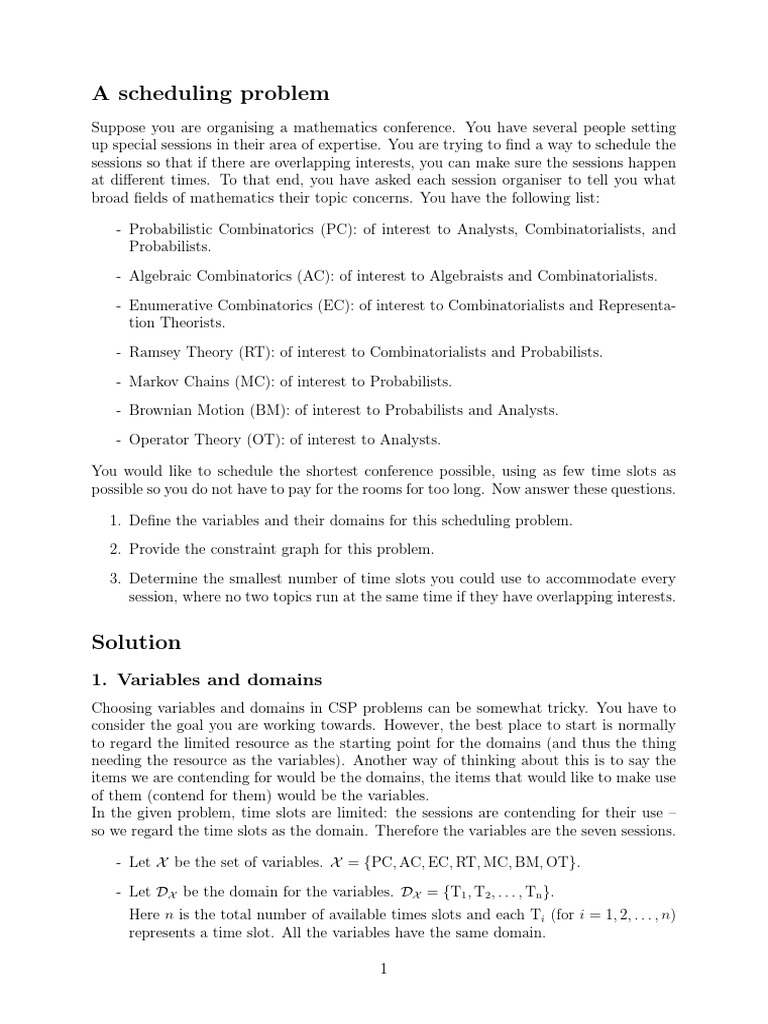 A Scheduling Problem: 1. Variables and Domains | PDF | Combinatorics | Mathematics
