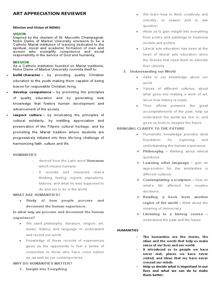 Art Appreciation Reviewer: Mission and Vision of NDMU | PDF | Paintings ...