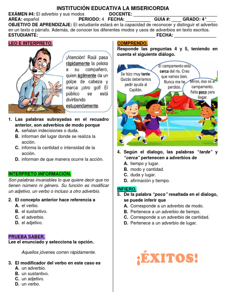 EXAMEN Grado 4° LOS ADVERBIOS | PDF | Artes del Lenguaje y Comunicación