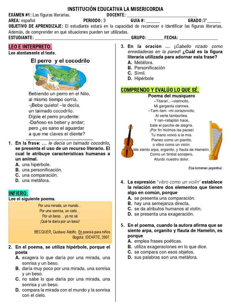 Exámen Español Figuras Literarias 3° | PDF | Poesía | Metáfora