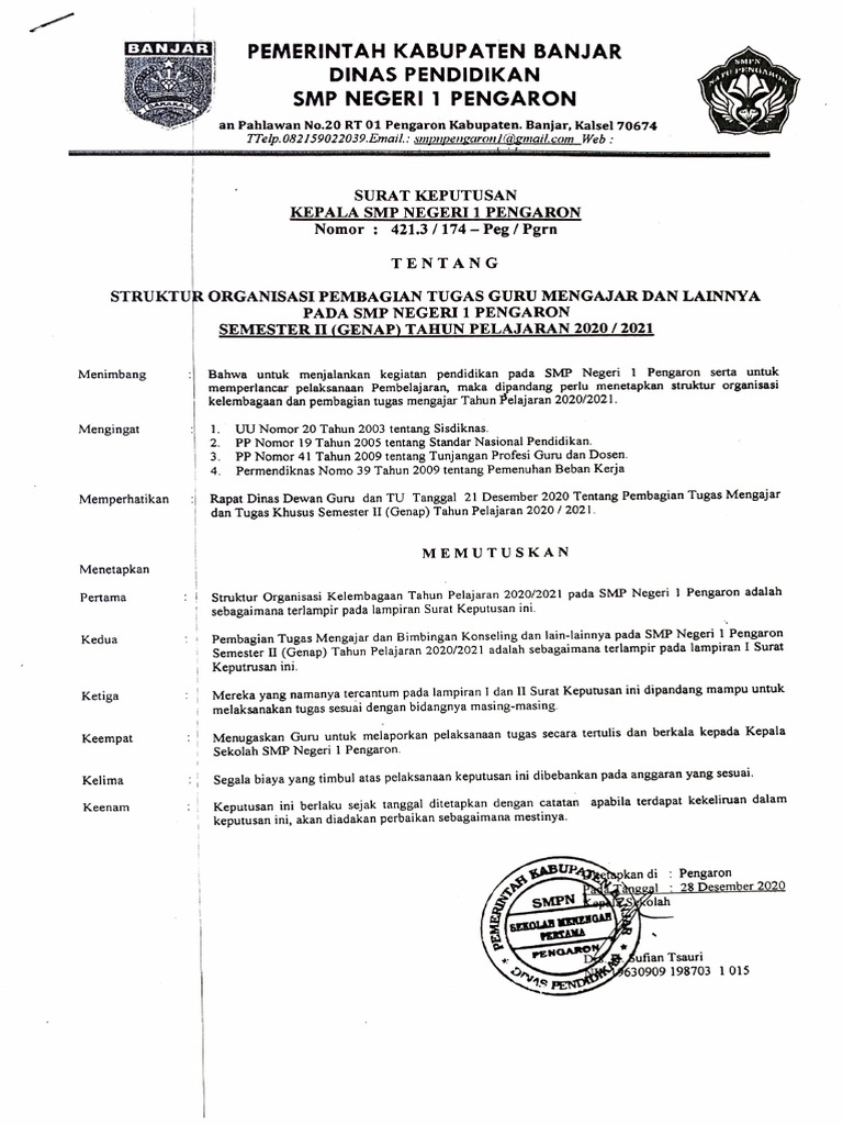 SK Pembagian Tugas 2020 Genap | PDF