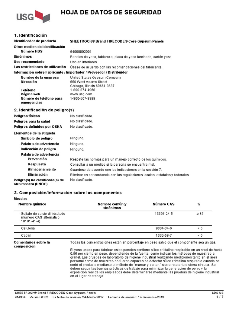 Usg Sheetrock Firecode Core Gypsum Panels Sds Es 54000002001 | PDF ...